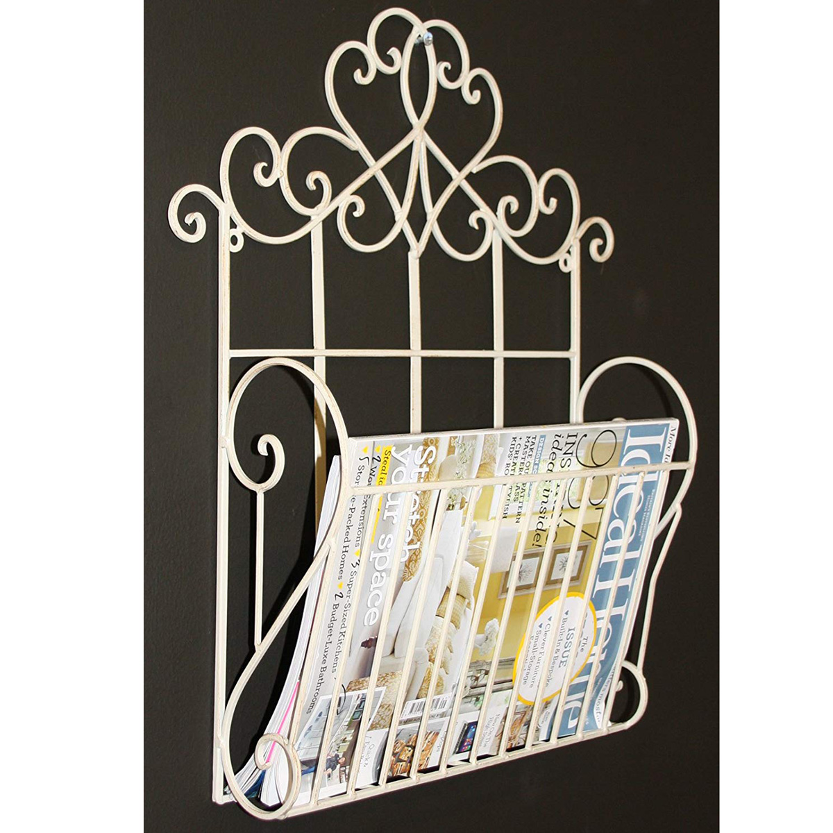 YF1063_3 Ornate Decorative Scroll Cream Metal Magazine Rack Holder ...