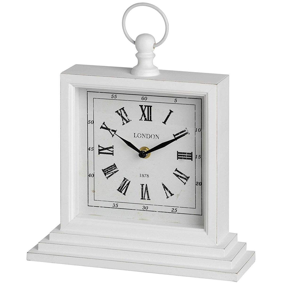 1148 Antique White Square London Table Clock With Handle - Interior Flair