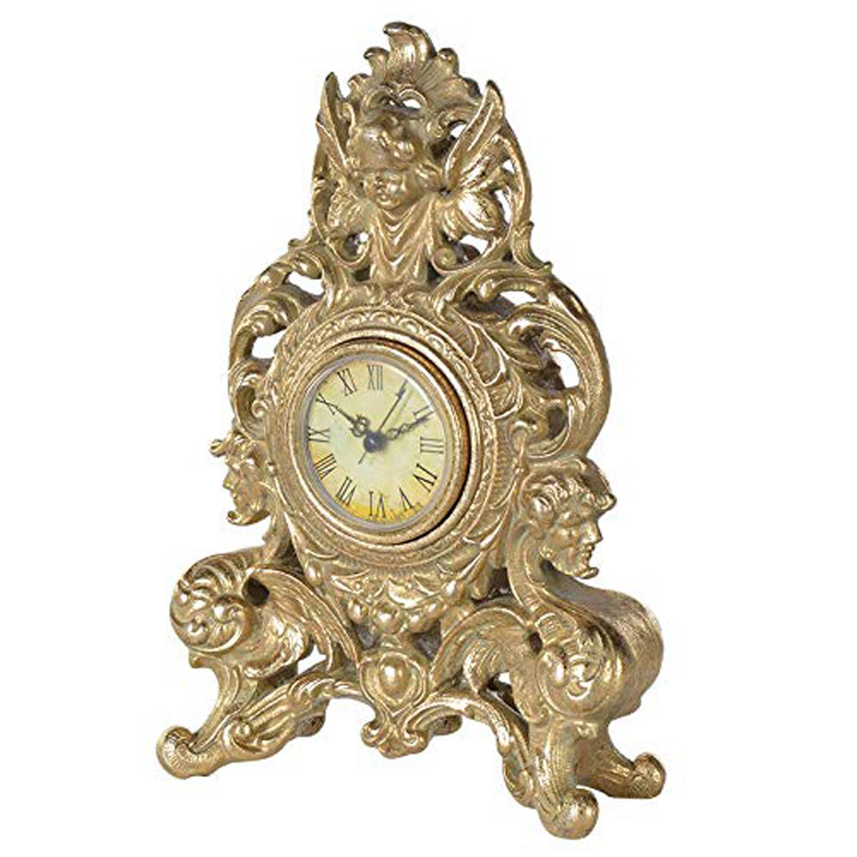 KMB260 Rococo Style Distressed Gold Mantel Clock - Interior Flair
