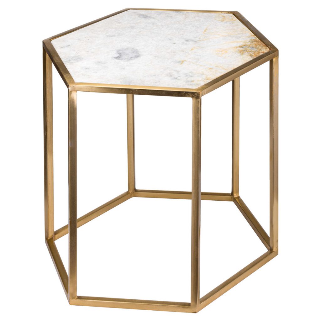 20372 Hexagonal Gold Metal Marble Side Table - Interior Flair