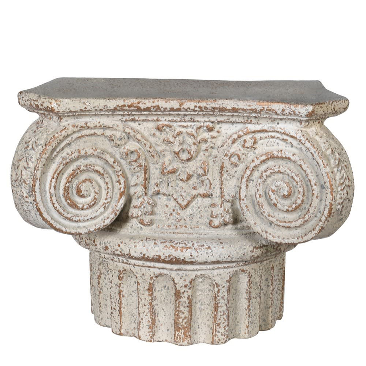 Distressed White Brown Scroll Display Shelf - Interior Flair